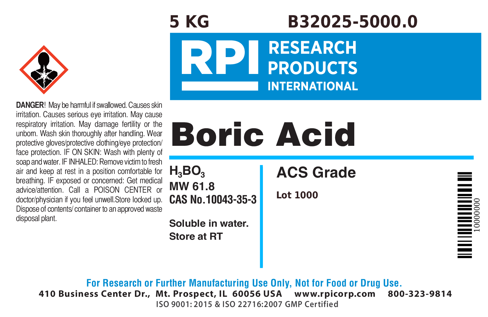 B32025-5000.0 - Boric Acid, Crystals, ACS Grade, 5 Kilograms