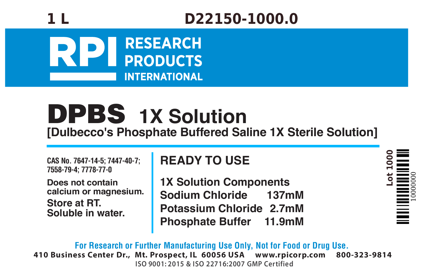 D22150-1000.0 - DPBS 1X Solution [Dulbecco's Phosphate Buffered Saline ...