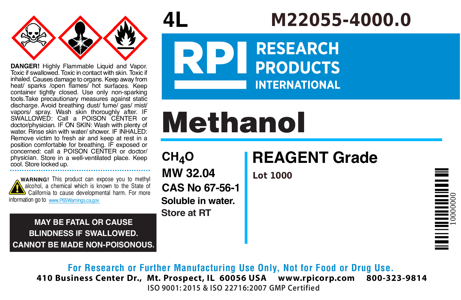 M22055-4000.0 - Methanol, ACS Grade, 4 Liter Bottle