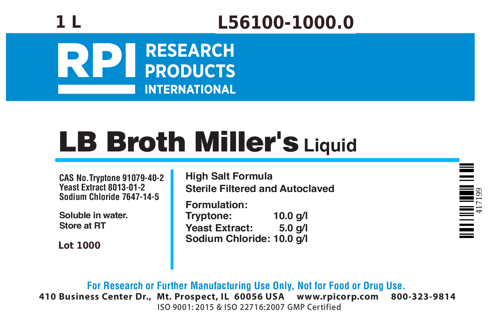 L56100-1000.0 - LB Broth, Miller's, Liquid [Luria-Bertani Broth], 1 Liter