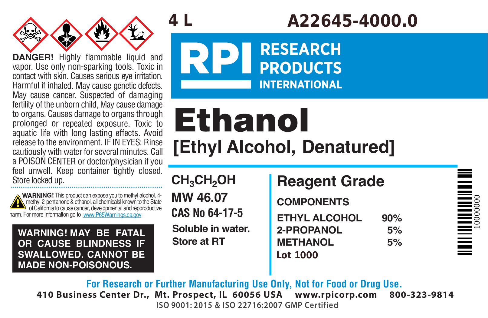 A22645-4000.0 - Ethanol (Ethyl Alcohol, Denatured), Reagent Grade 4 Liter Bottle