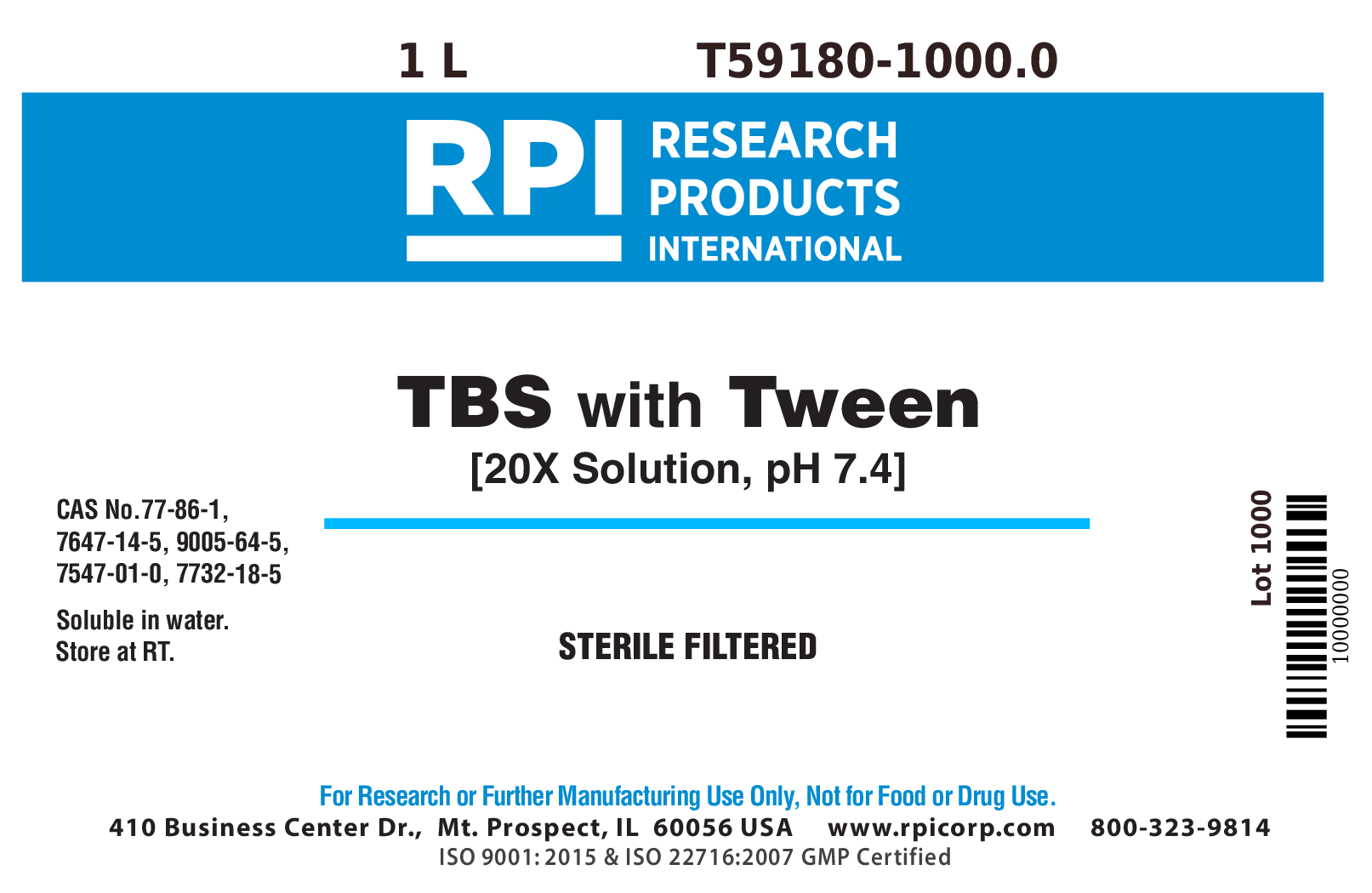 T59180-1000.0 - TBS with Tween, 20X, 7.4 pH, Sterile Buffered, 1 Liter