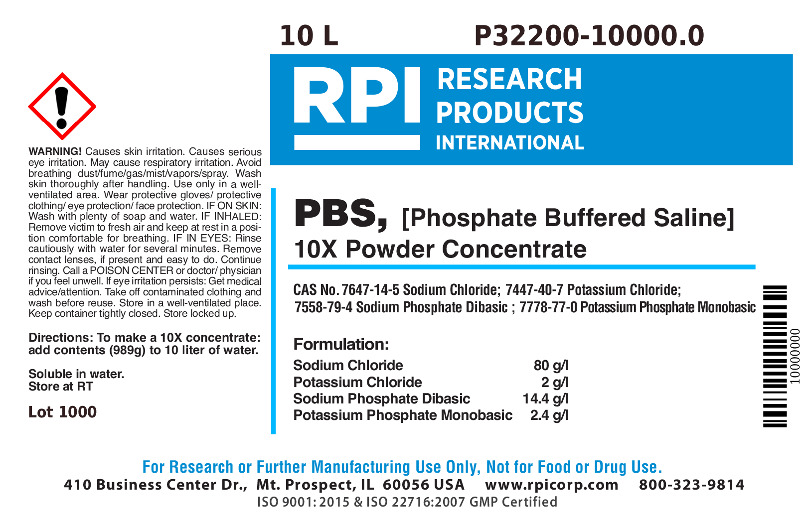 P32200-10000.0 - PBS [Phosphate Buffered Saline], 10X Powder ...
