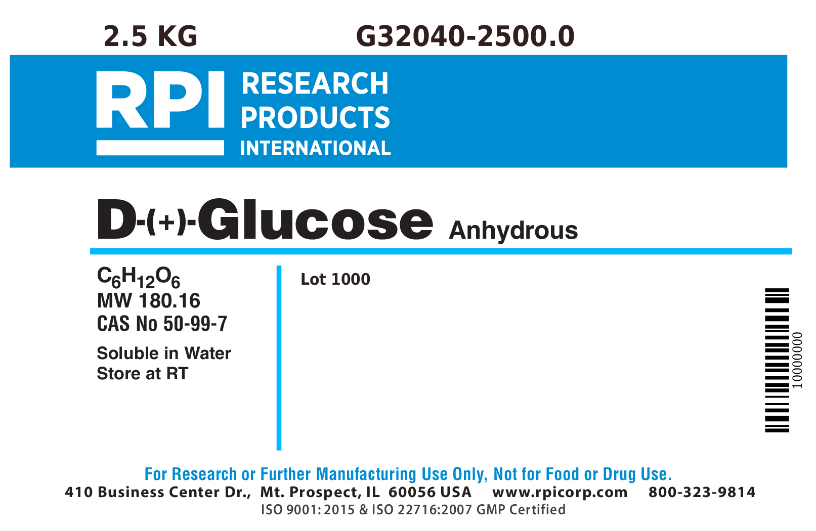 G32040-2500.0 - D-(+)-Glucose [Dextrose Anhydrous], USP Grade, 2.5 ...