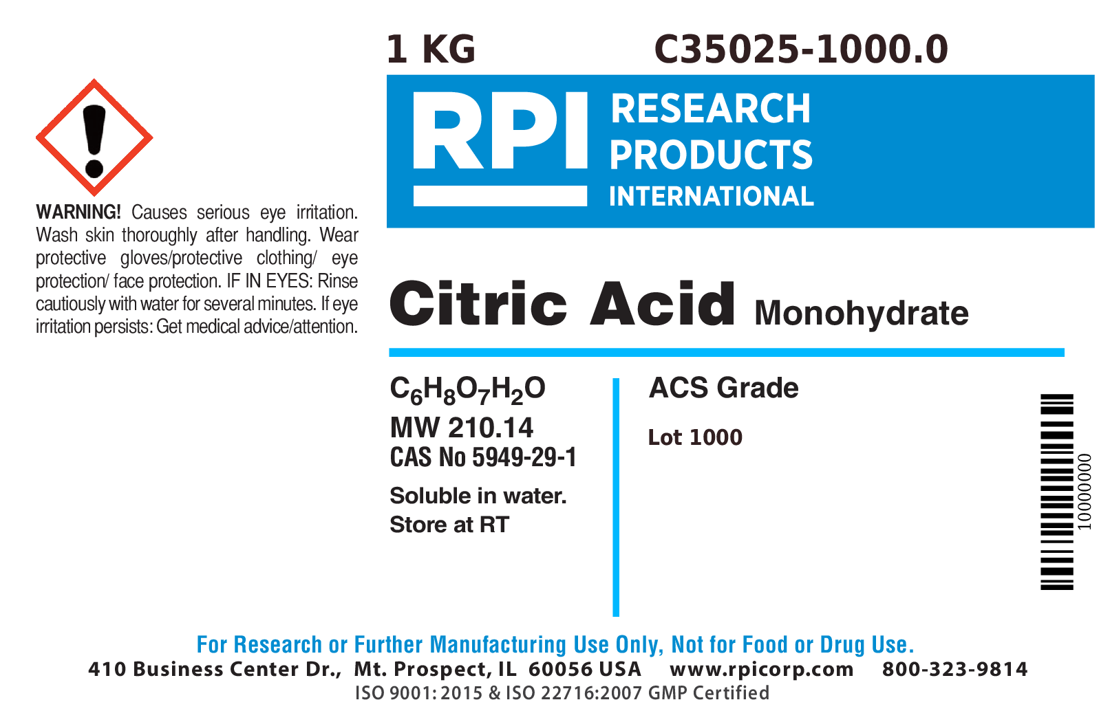C35025-1000.0 - Citric Acid, Monohydrate, ACS Grade, 1 Kilogram