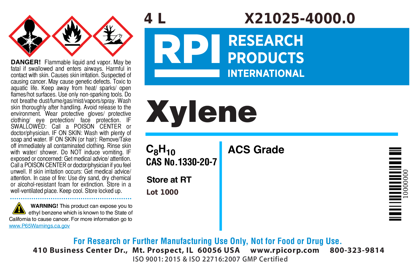 X21025-4000.0 - Xylene, ACS Grade, 4 Liter Bottle