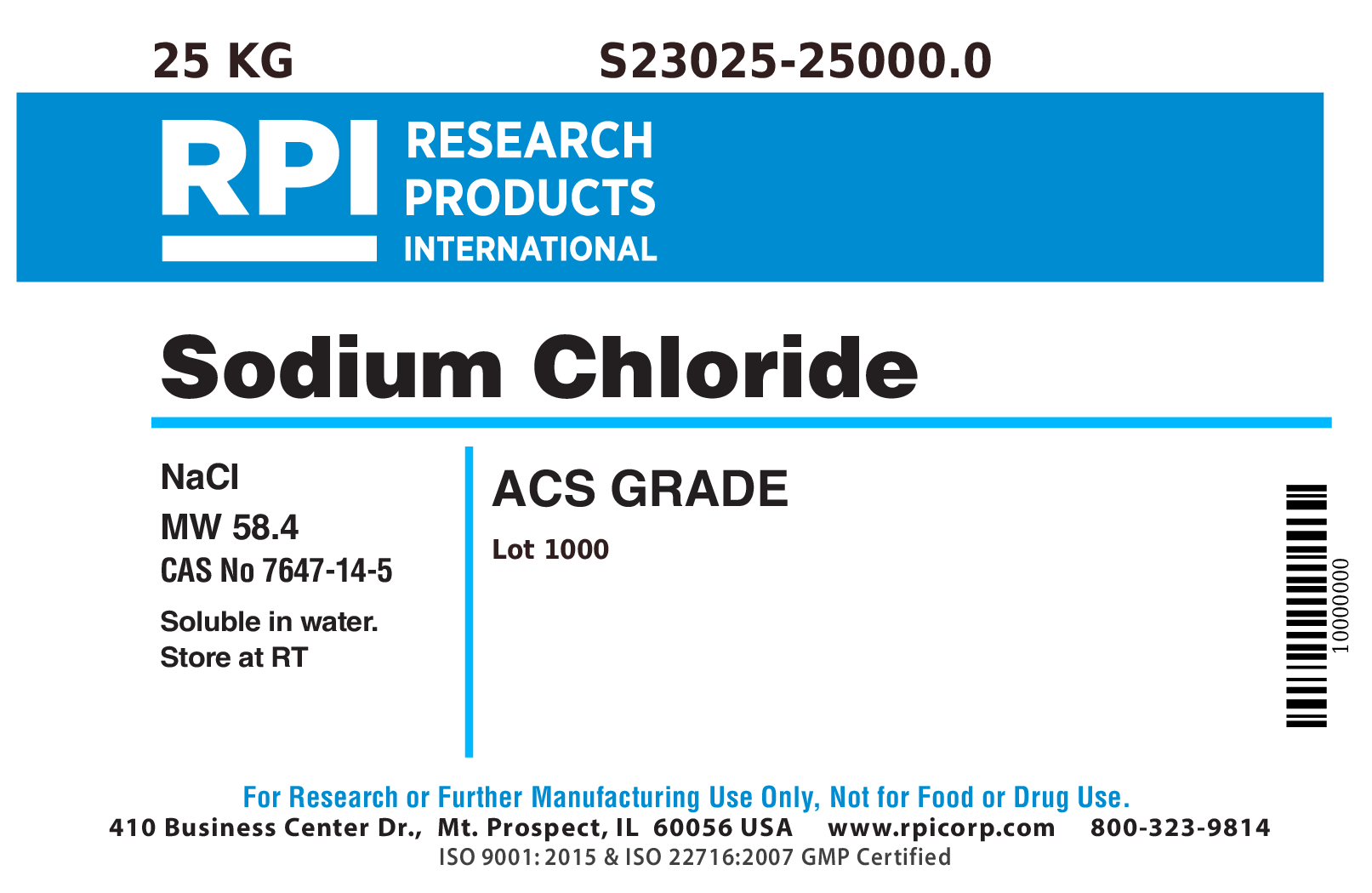 S23025-25000.0 - Sodium Chloride, ACS Grade, 25 Kilograms