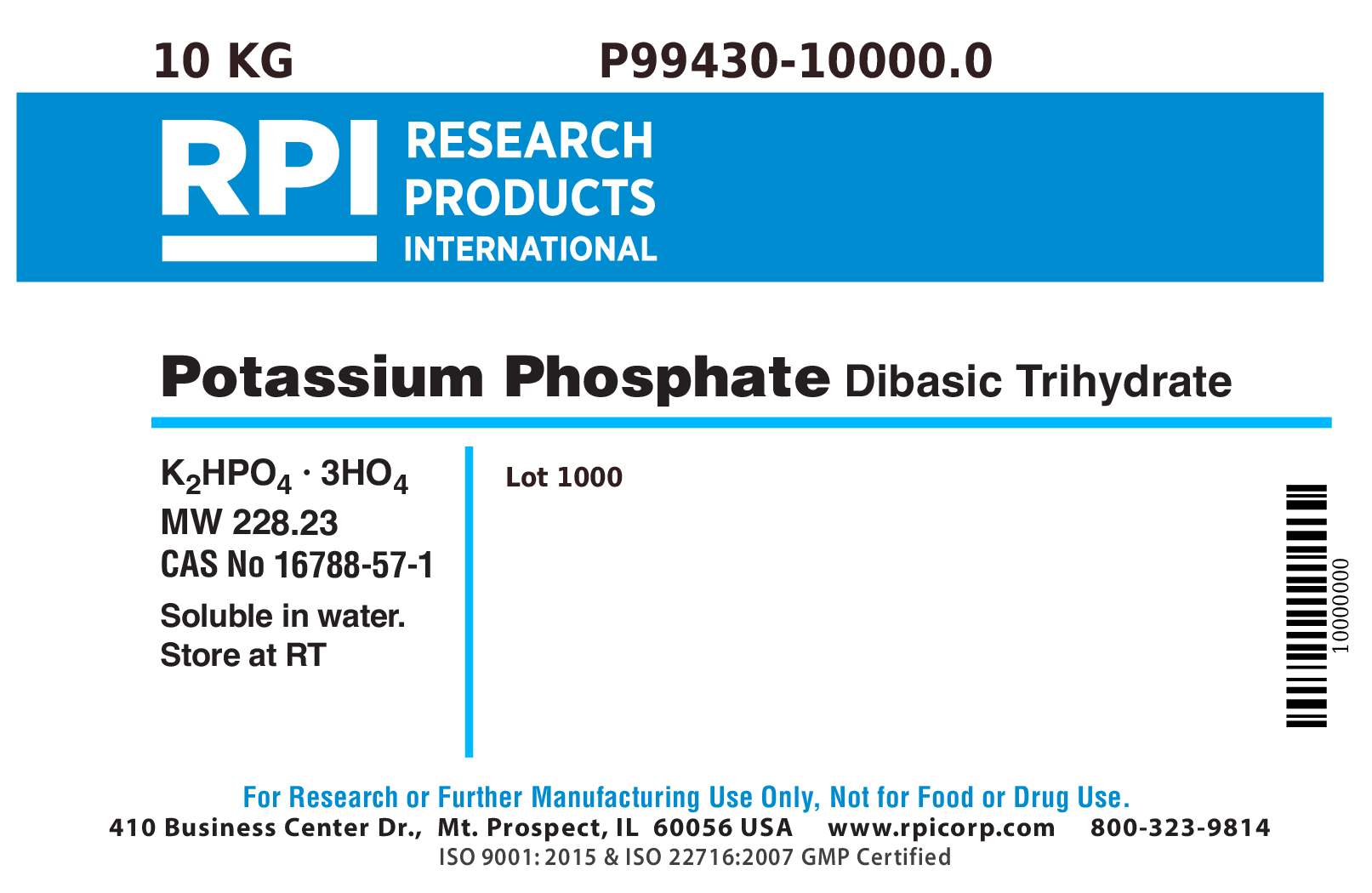 P99430-10000.0 - Potassium Phosphate Dibasic Trihydrate, 10 Kilograms