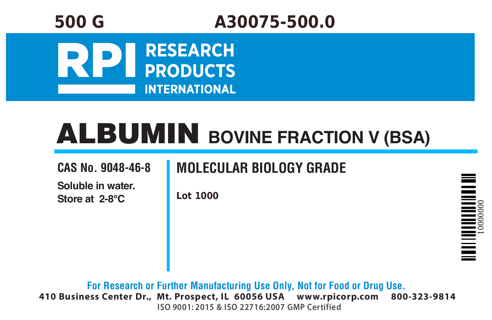 A30075-500.0 - Albumin, Bovine Fraction V [BSA], 500 Grams