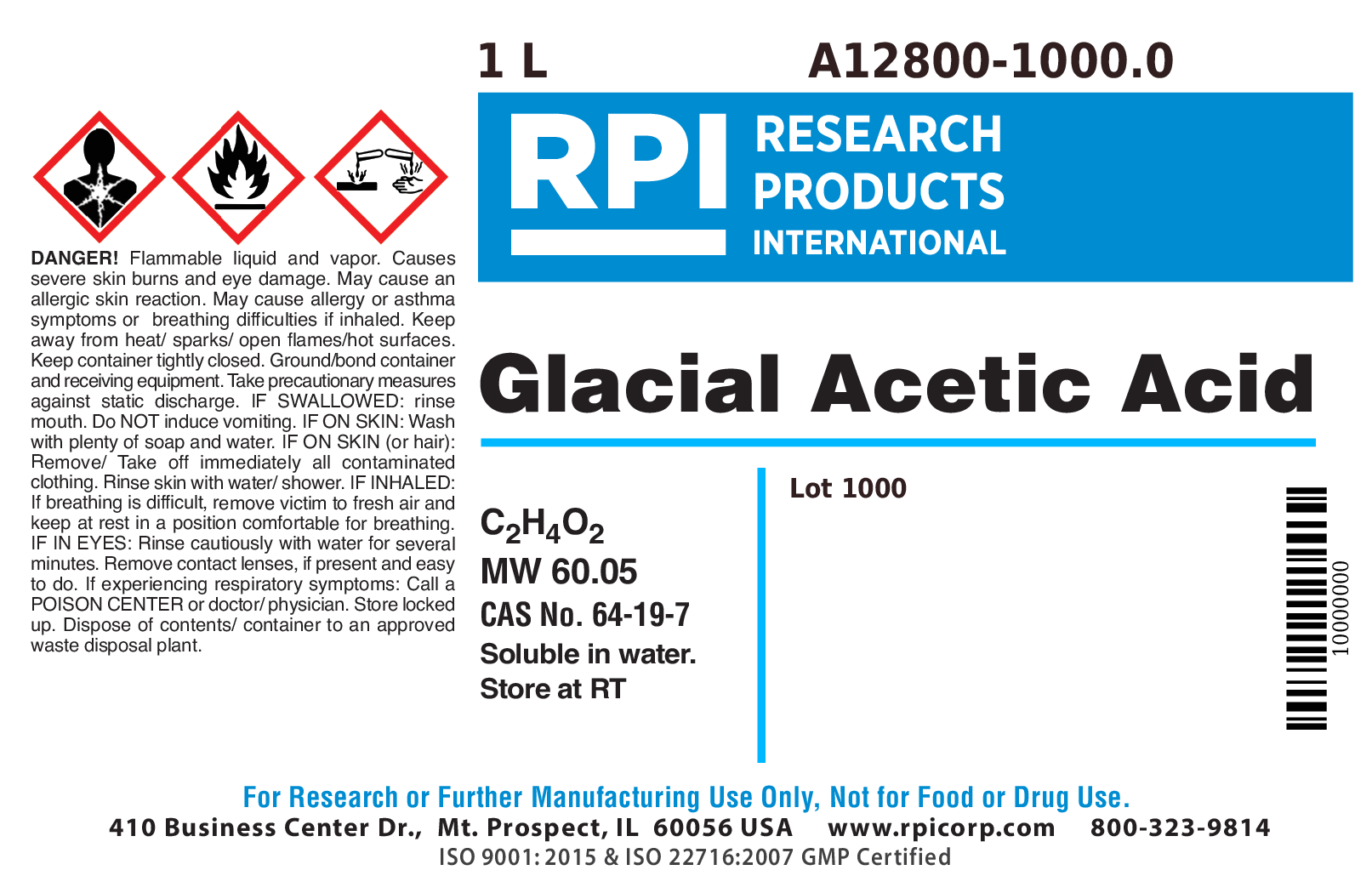 A12800-1000.0 - Acetic Acid, Glacial, 1 Liter
