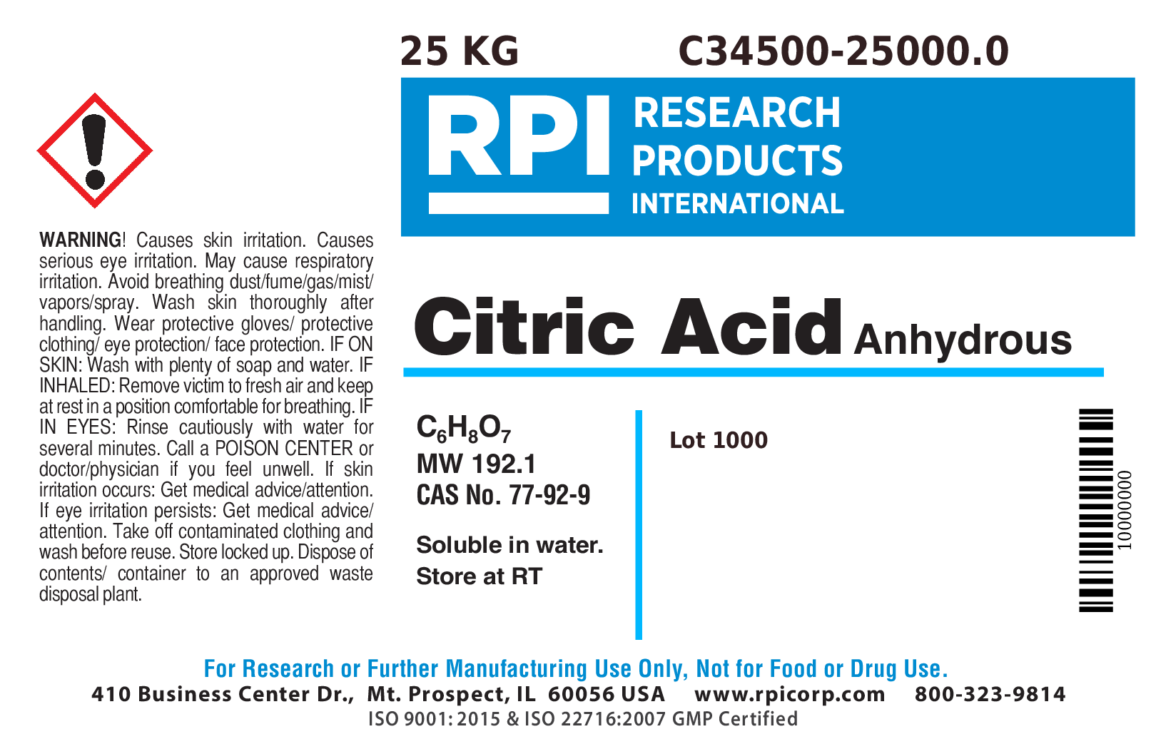 C34500-25000.0 - Citric Acid Anhydrous, 25 Kilograms