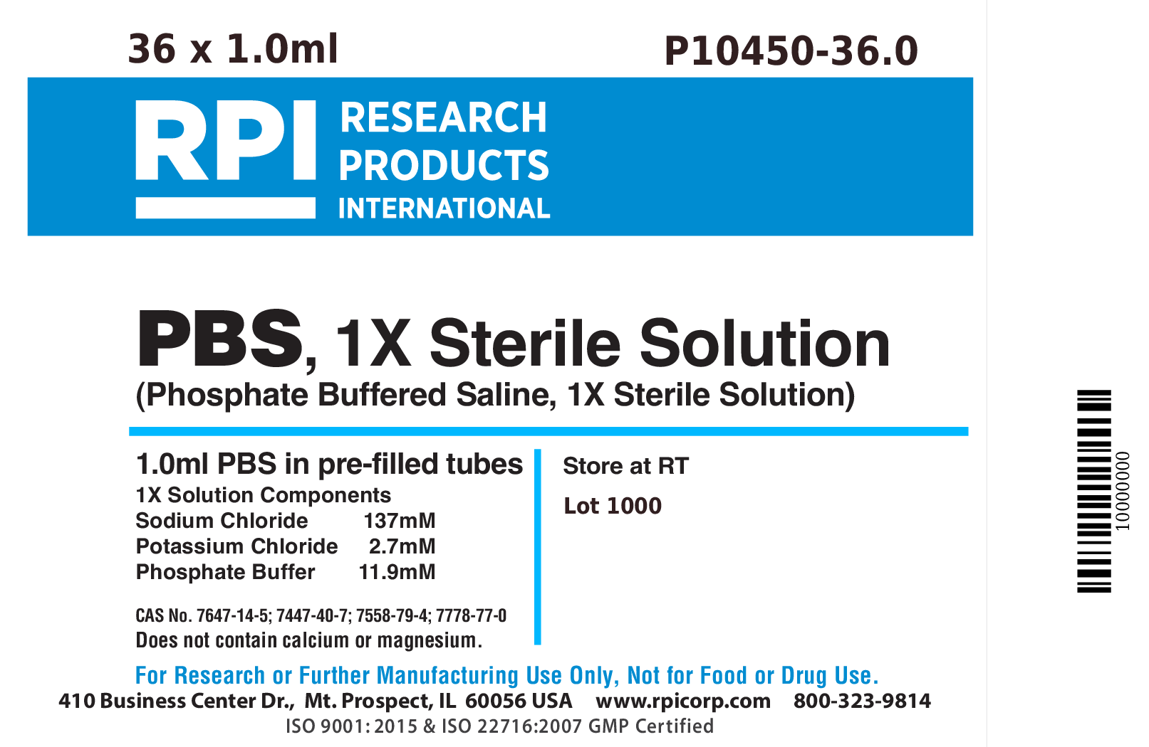 P10450-36.0 - PBS [Phosphate Buffered Saline], 1X Solution, 1.0ml Pre ...