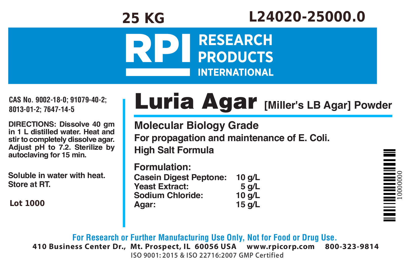 L24020-25000.0 - Luria Agar Powder [Miller's LB Agar], 25 Kilograms