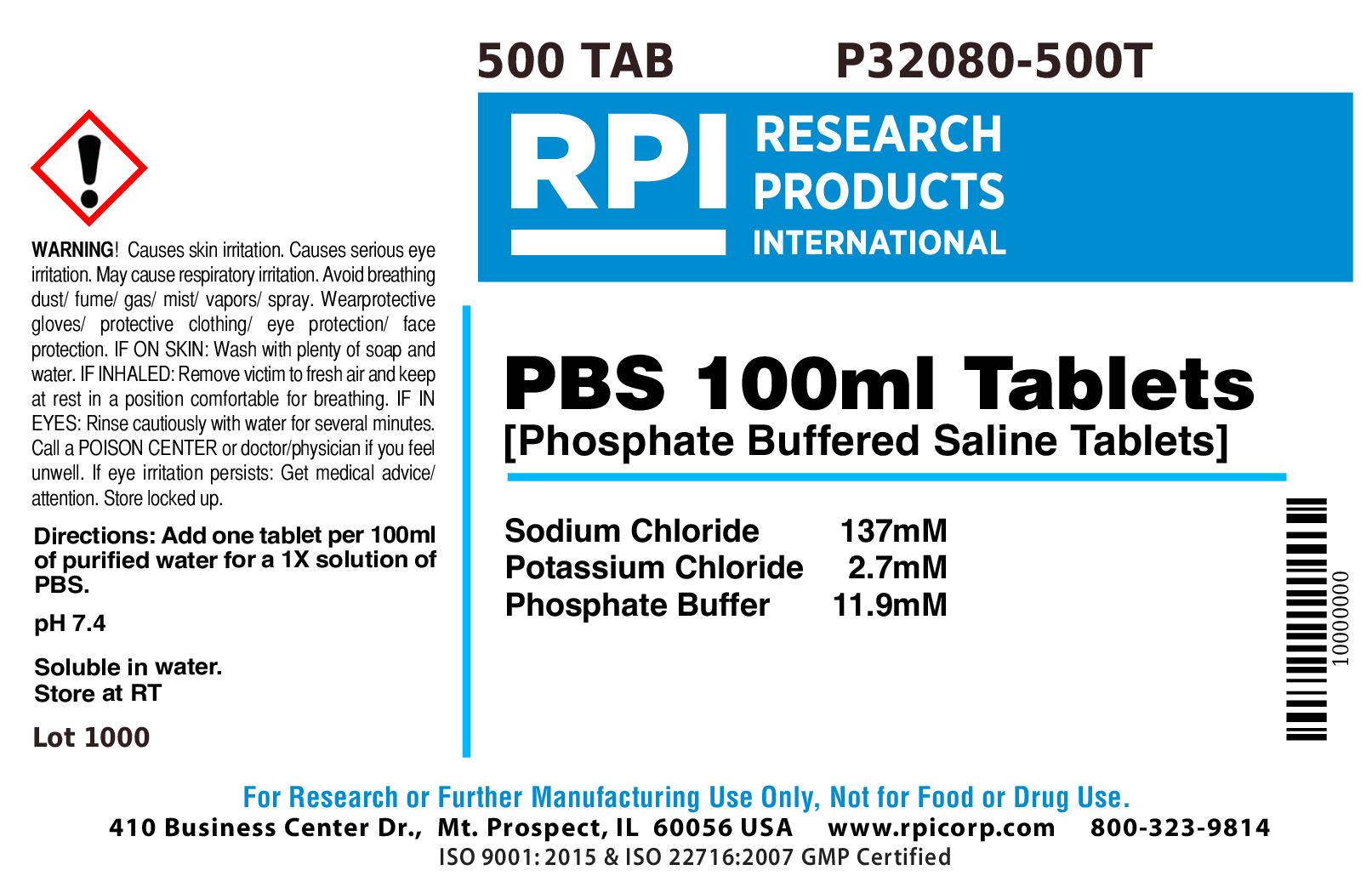 P32080-500T - PBS [Phosphate Buffered Saline] 100 ml Tablets, 500 ...