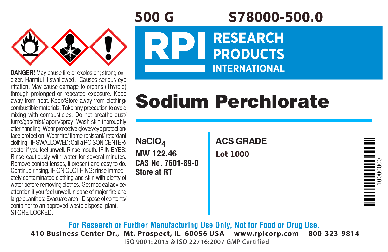 S78000-500.0 - Sodium Perchlorate, ACS Grade, 500 Grams