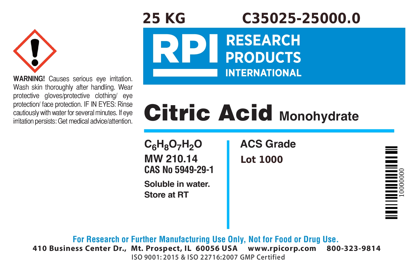 C35025-25000.0 - Citric Acid, Monohydrate, ACS Grade, 25 Kilograms