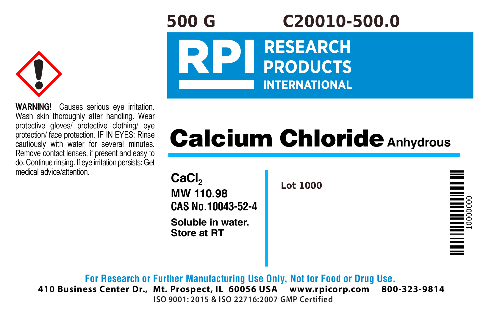 C20010-500.0 - Calcium Chloride Anhydrous, 500 Grams