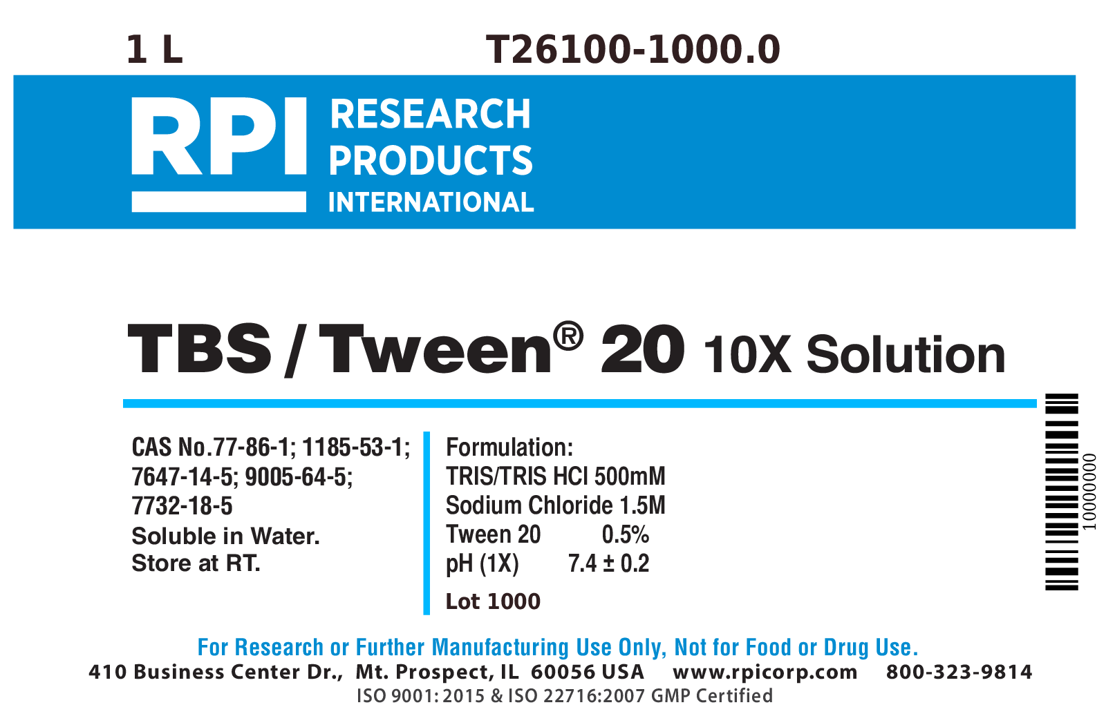 T26100-1000.0 - TBS / Tween 20 10X Solution, 1 Liter