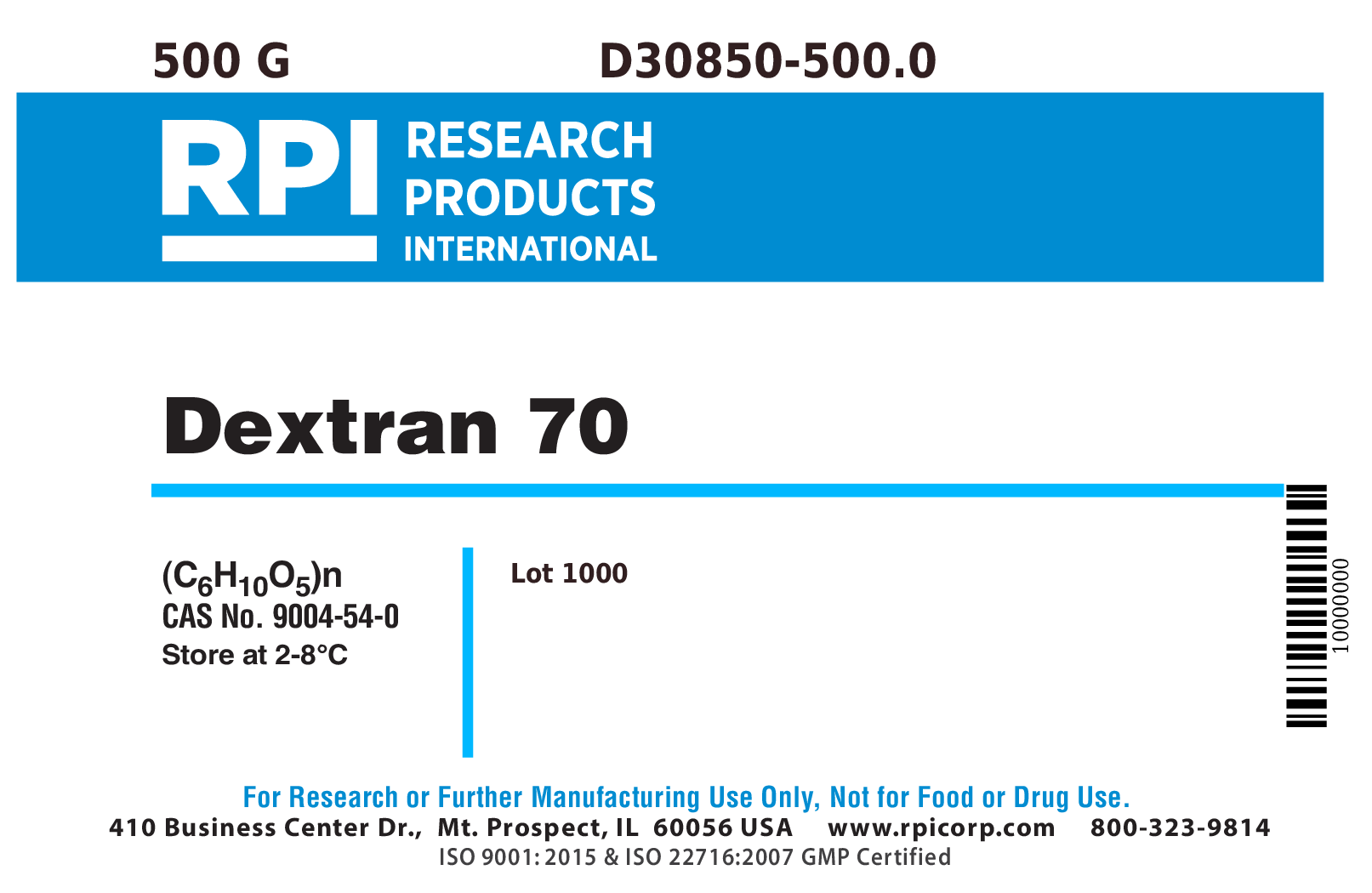 D30850-500.0 - Dextran 70, 500 Grams