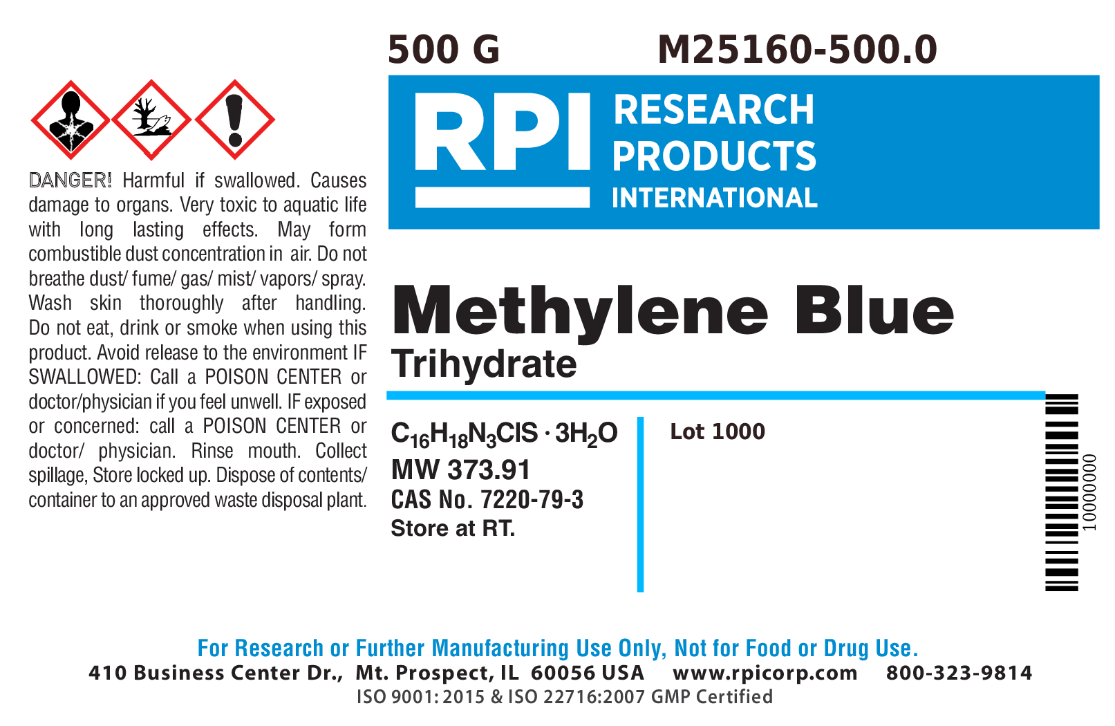 M25160-500.0 - Methylene Blue Trihydrate, 500 Grams