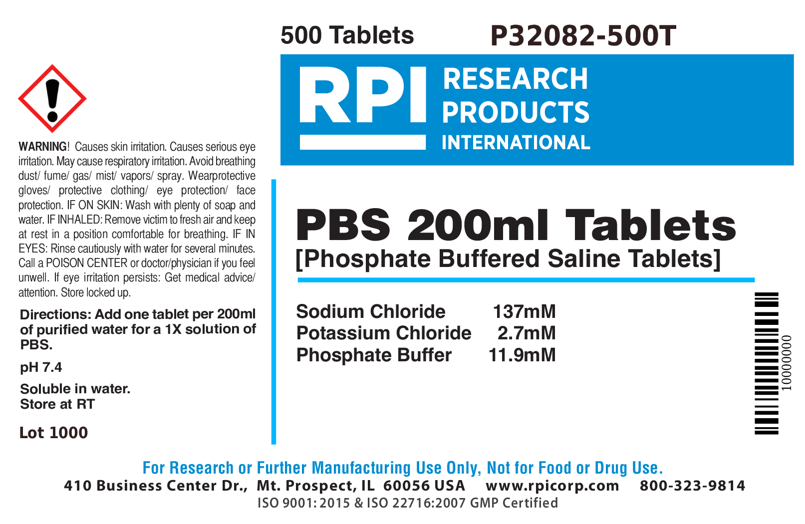 P32082-500T - PBS [Phosphate Buffered Saline] 200ml Tablets, 500 ...