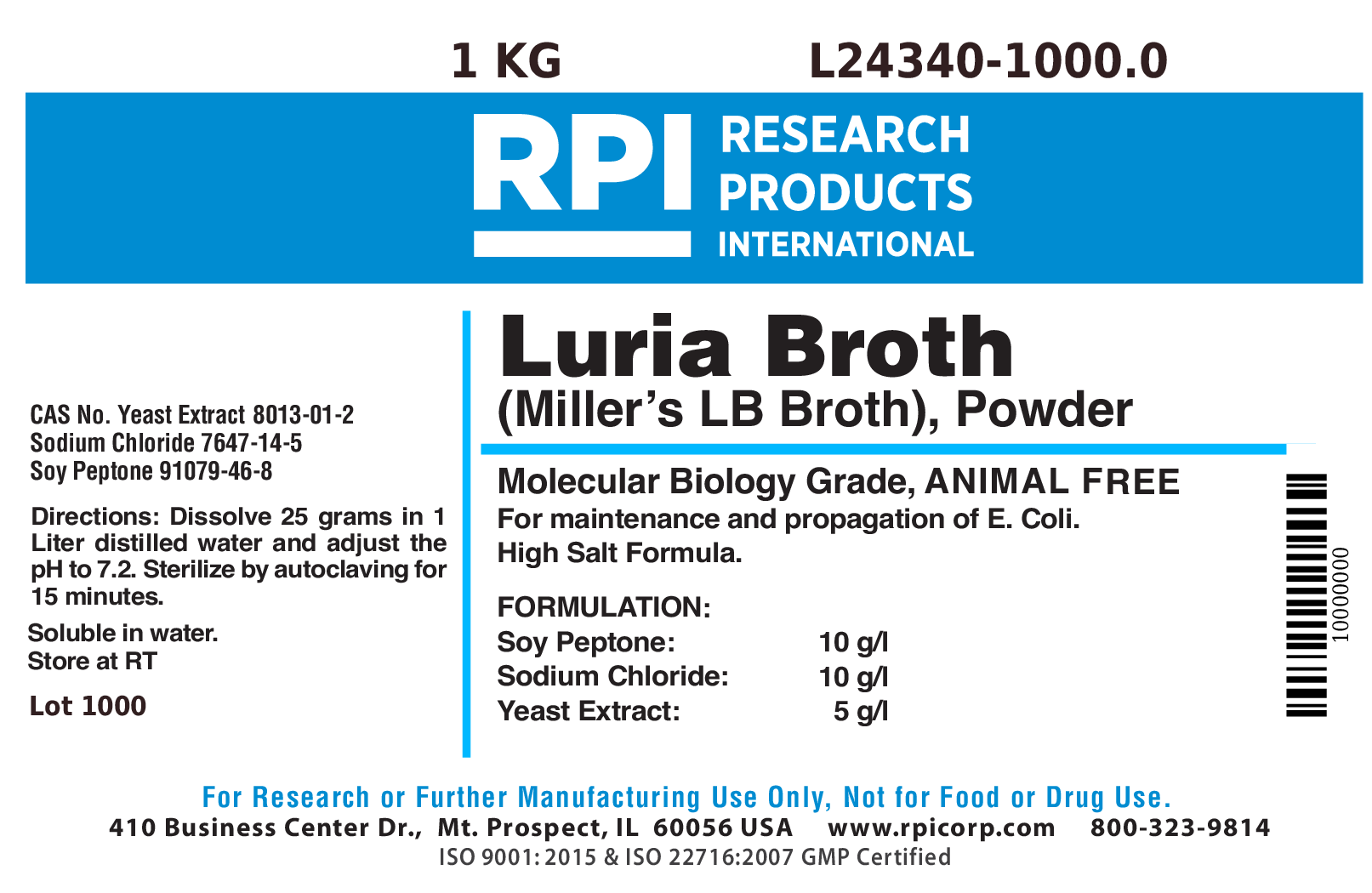 L24340-1000.0 - Luria Broth (Miller’s LB Broth) Animal Free, Powder, 1 ...