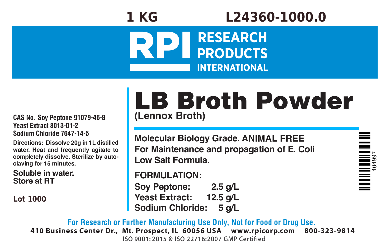 L24360-1000.0 - LB Broth (Lennox LB Broth) Animal Free, Powder, 1 Kilogram