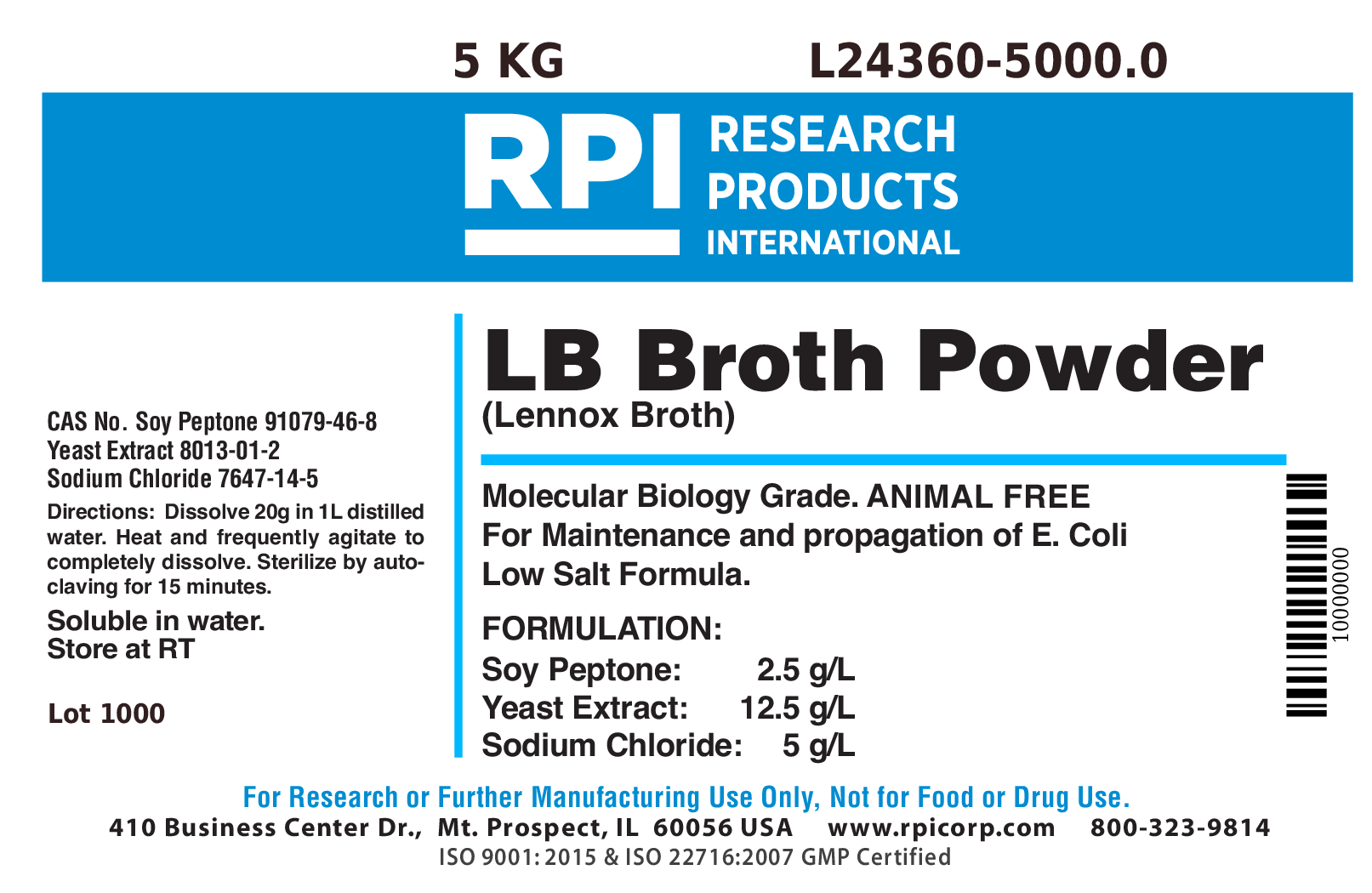 L24360-5000.0 - LB Broth (Lennox LB Broth) Animal Free, Powder, 5 Kilograms