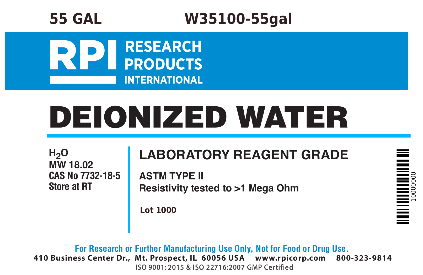 W35100-55gal - DI water (ASTM TYPE II), 55 Gallon Drum