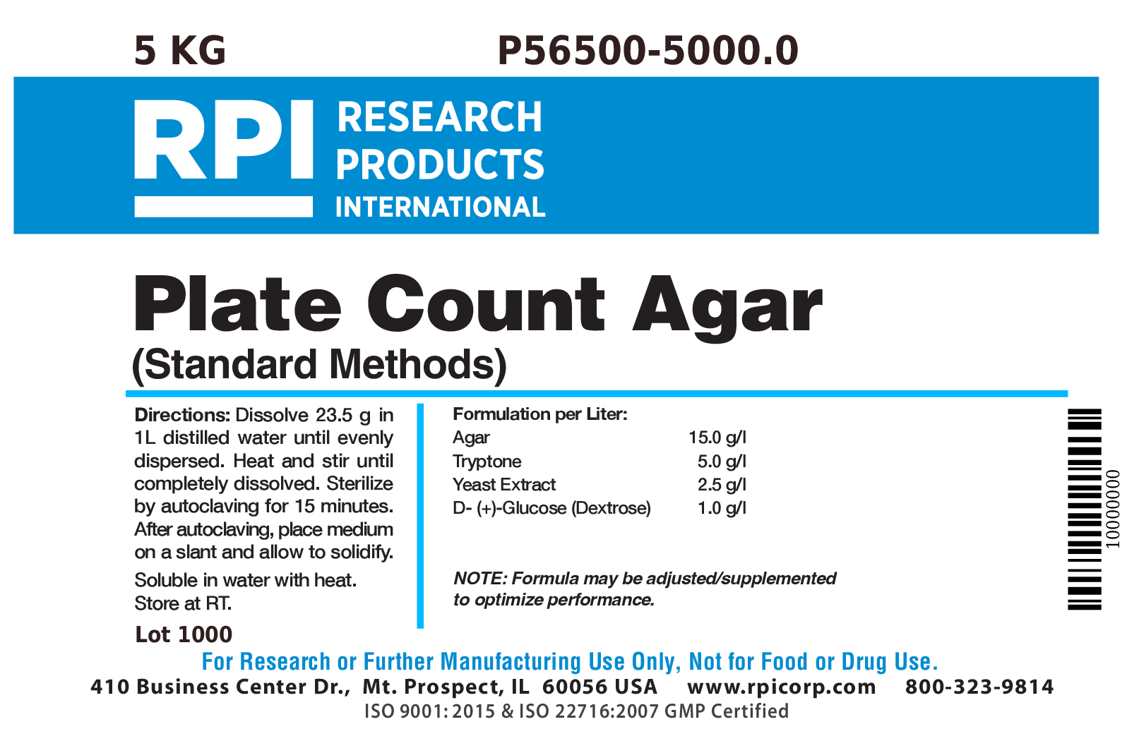 P56500-5000.0 - Plate Count Agar (Standard Methods), 5 Kilograms