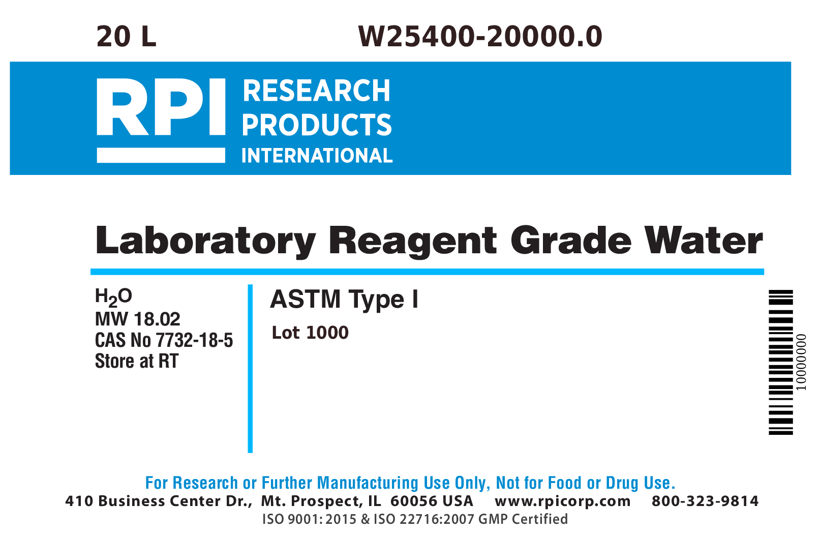 W25400-20000.0 - Laboratory Reagent Grade Water ASTM Type l, 20 Liters